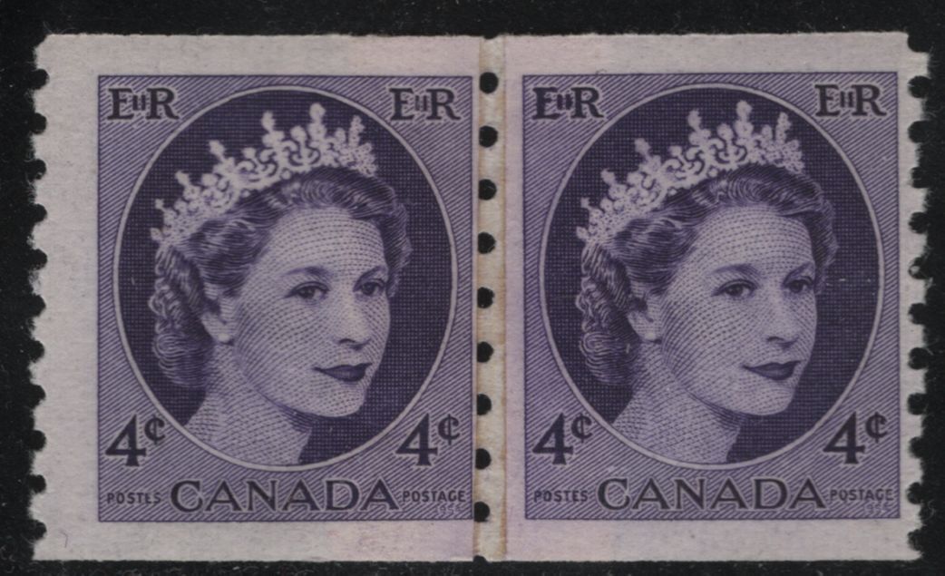 Canada 1954 MNH Sc 347iv 4c QEII Wilding Paste-up Pair with Damaged E ...