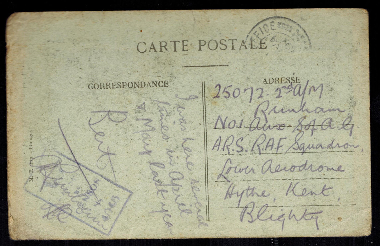 1919 Field Post to RAF Hythe Aereodrome England Postcard Cover WW 1 ...