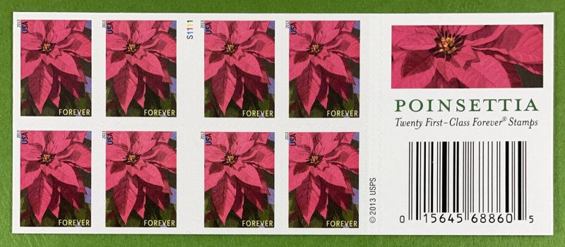 4816a POINSETTIA Booklet Pane of 20 US Forever Stamps MNH 2013 | United ...