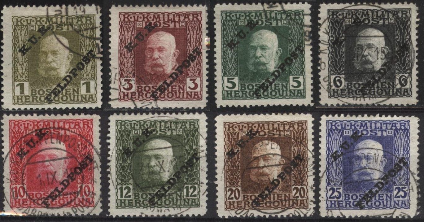 Austria M1-M9 (used short set [M2 not shown]) Franz Josef I, ovpt (1915 ...