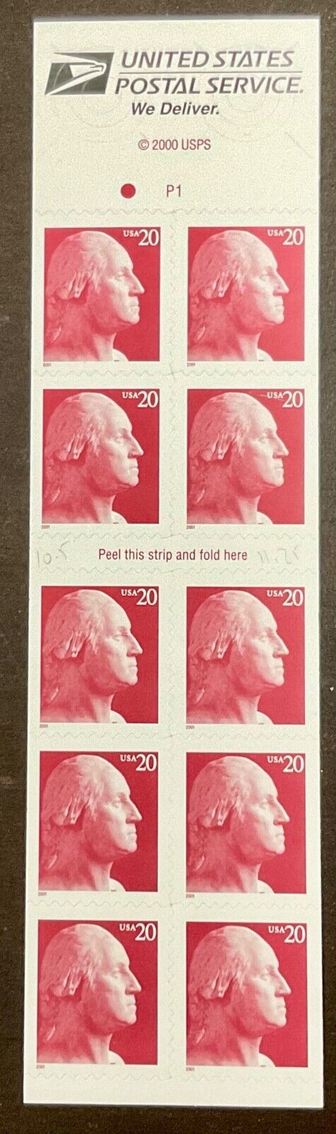 3483f George Washington 20 c Pane of 10 FV $2.00 2001 | United States ...