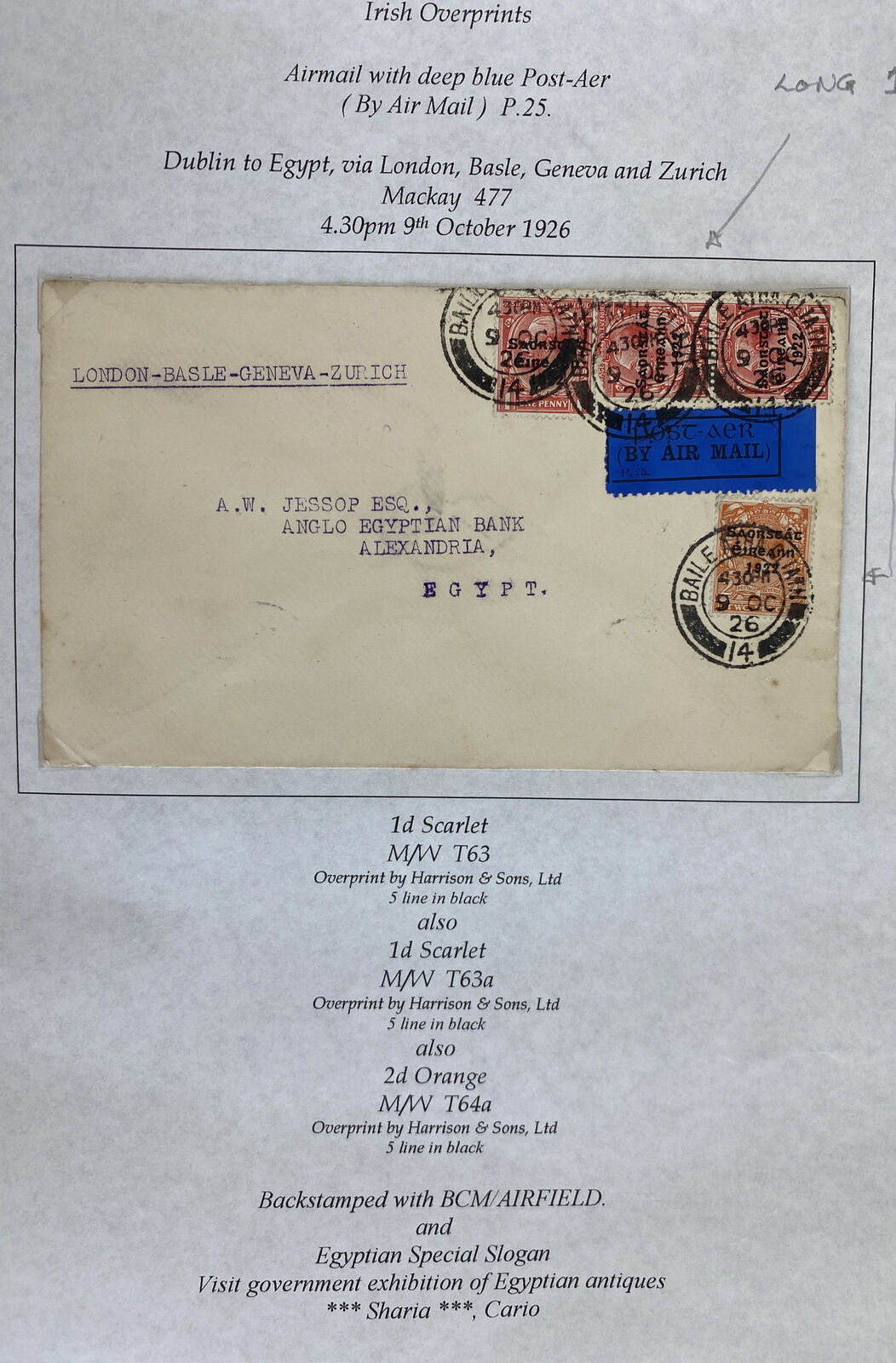 1926 Dublin Ireland Airmail Cover to Egyptian Bank Alexandria Egypt ...