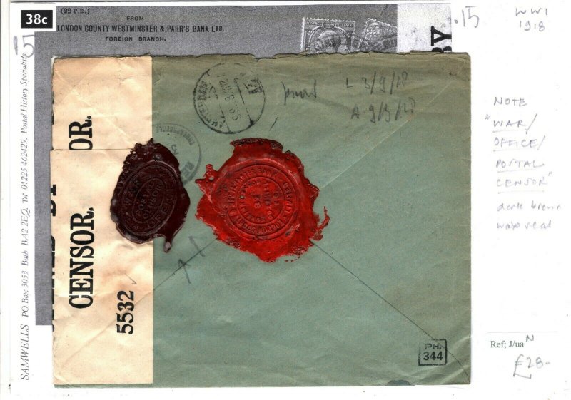GB WW1 Cover Registered *WAR / OFFICE / POSTAL CENSOR* WAX SEAL 1918 ...