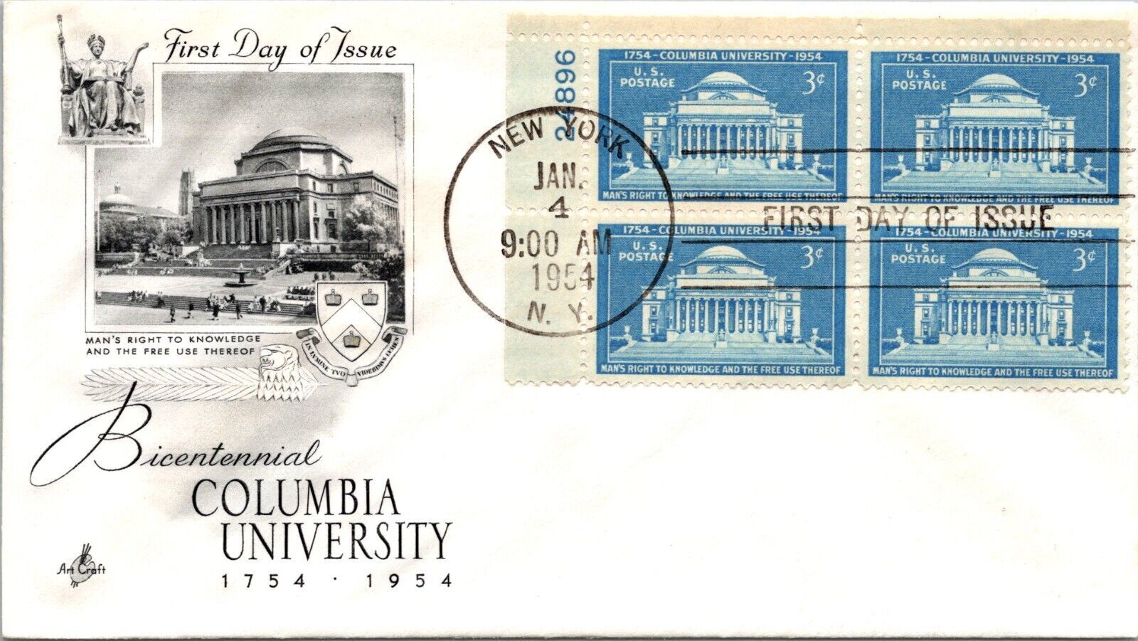 FDC 1954 SC #1029 Artcraft Cachet - New York, NY - Sheet of 4 - F63879 ...