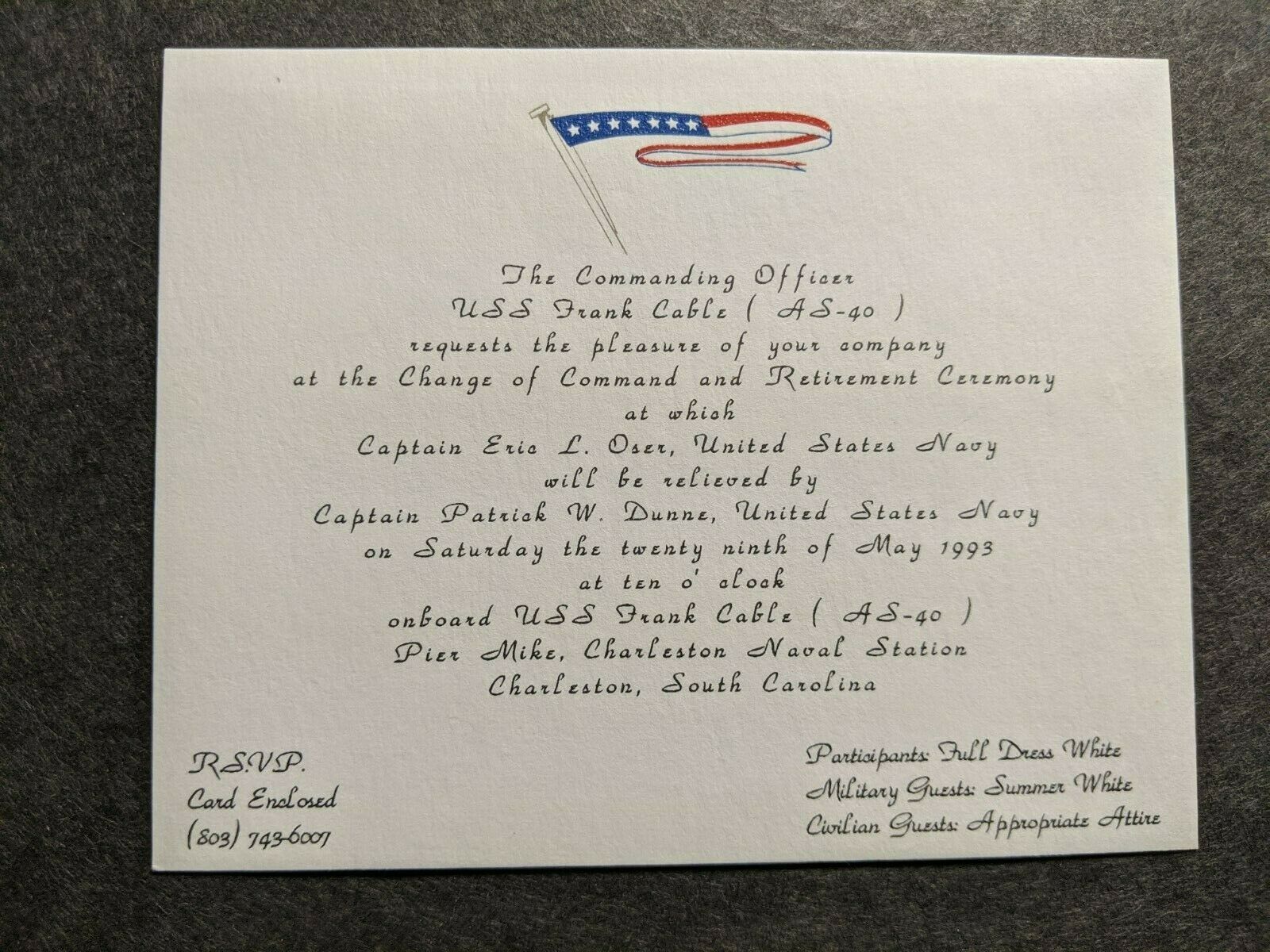 USS FRANK CABLE AS-40 Naval Cover 1993 w/ CHANGE of COMMAND invitation ...