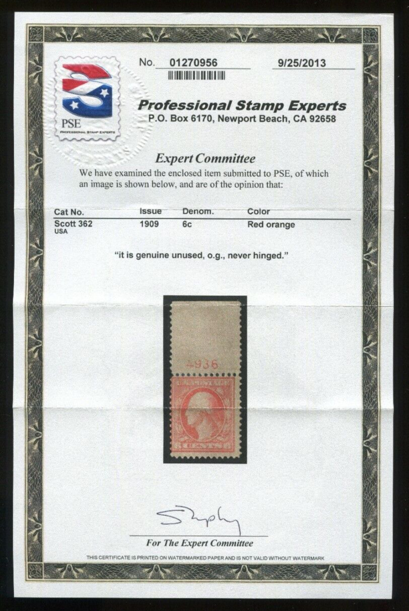 362 Washington Bluish Paper Mint Top Margin Plate # Stamp NH with PSE ...