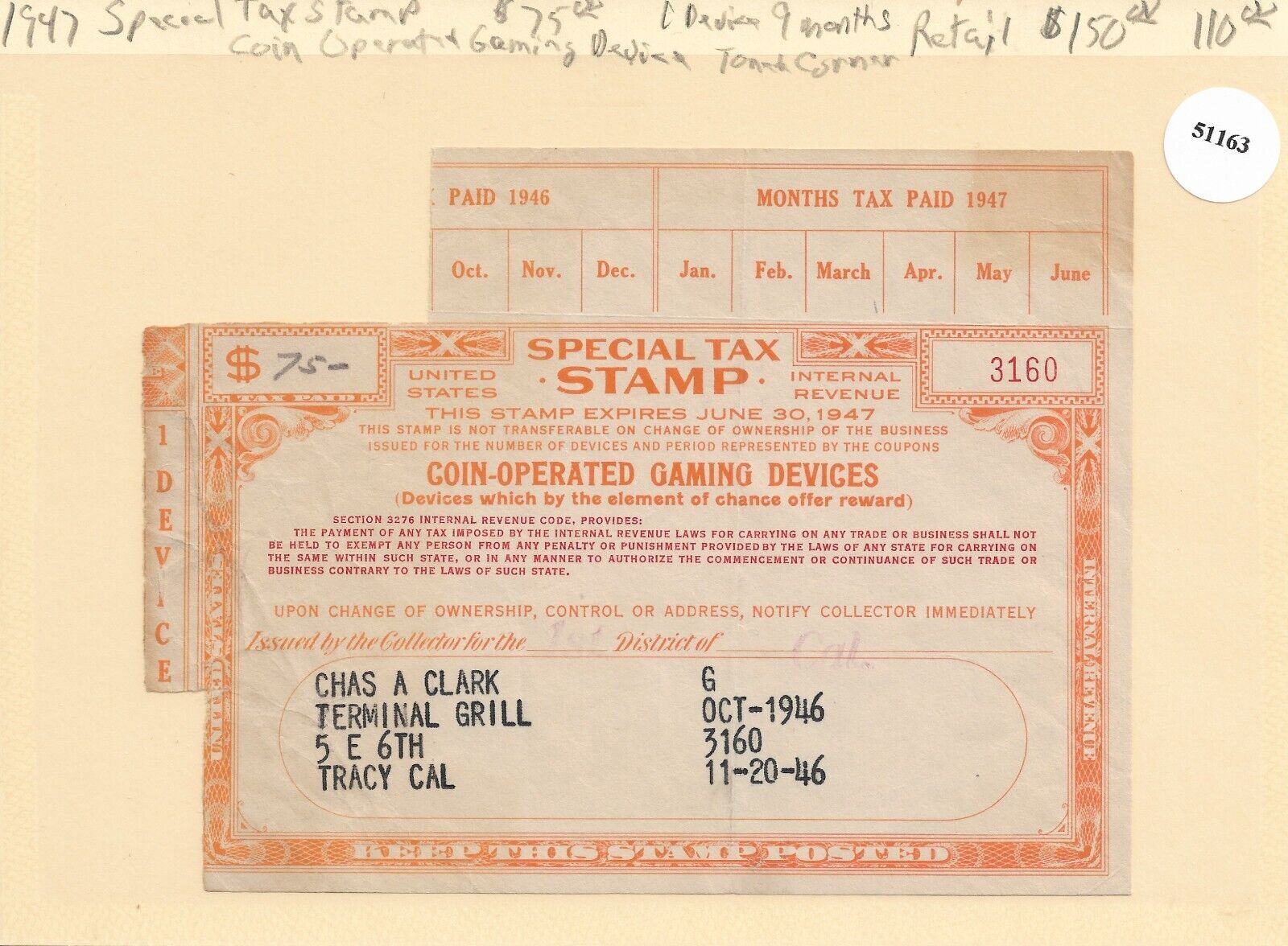 $75 Coin Operated Gaming Device, Special Tax Stamp 1946-47 (51163 ...