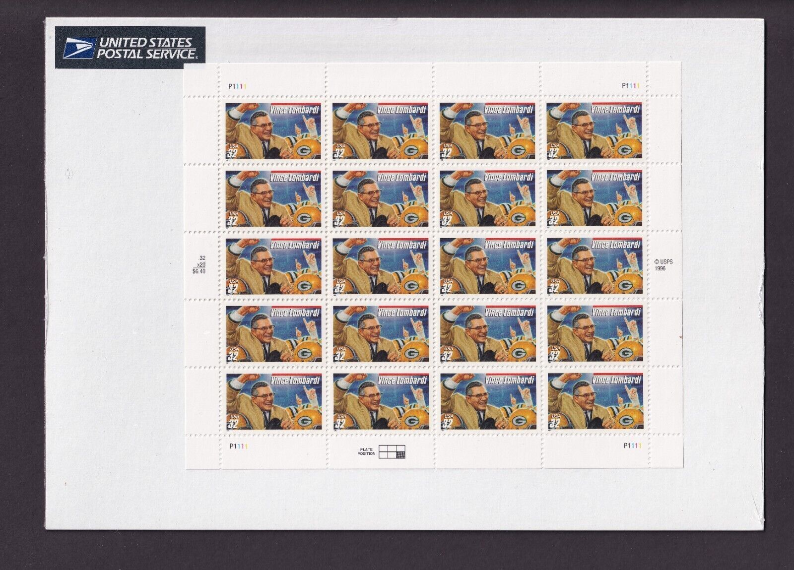 Scott #3147 Vince Lombardi (Green Bay Packers) Full Sheet of 20 Stamps ...