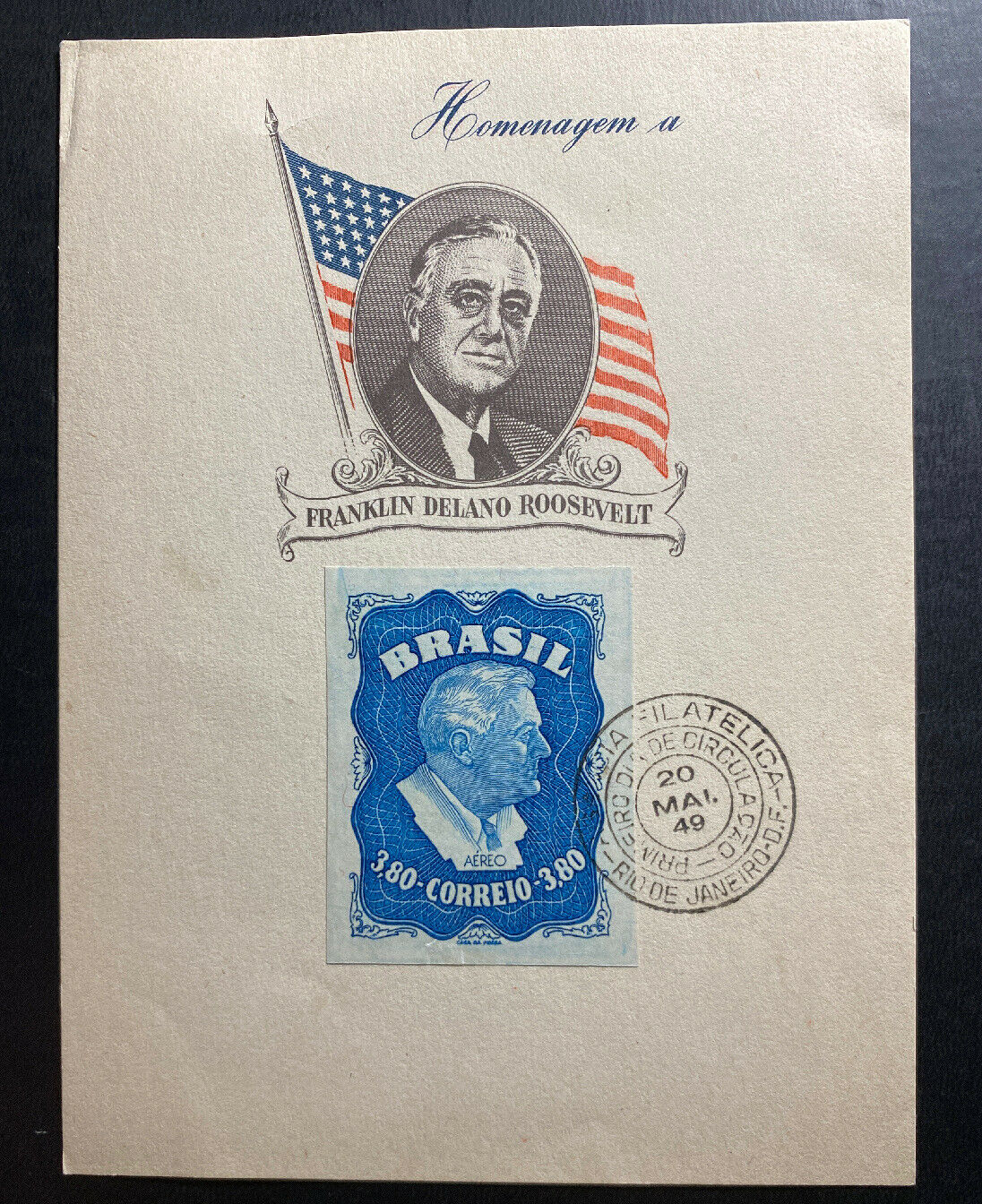 1949 Rio De Janeiro Brazil Souvenir Sheet Cover Franklin Roosevelt ...
