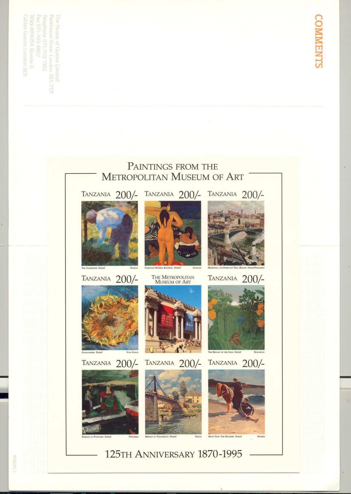 Tanzania #1432 Art, Sunflowers, Lighthouse 1v M/S of 8 Imperf Chromalin ...