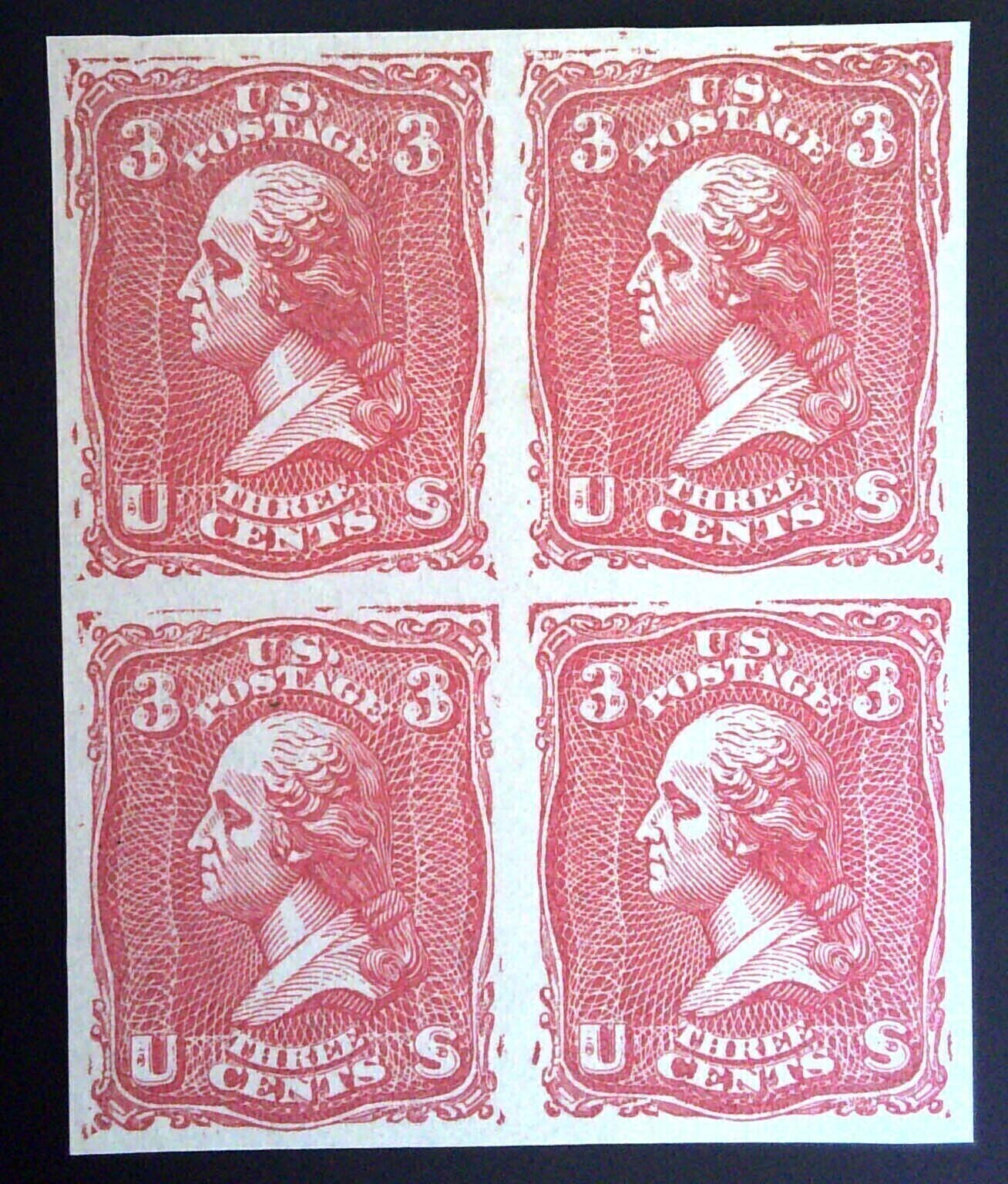 Scott #79-E25a - 3c Dark Red - Lithographic Plate Essay - Block of 4 ...