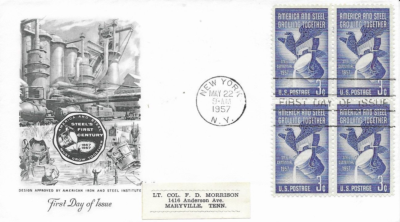 1957 FDC, #1090, 3c Steel Industry, Fleetwood, block | United States ...