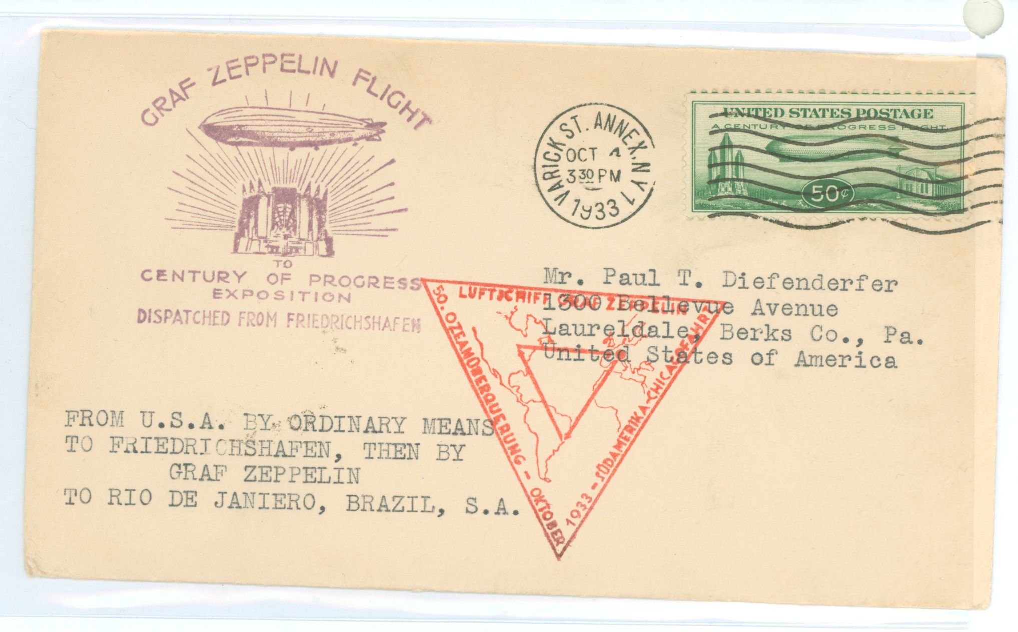 US C18 1933 A 50c Baby Zeppelin stamp Franked this cover carried aboard ...