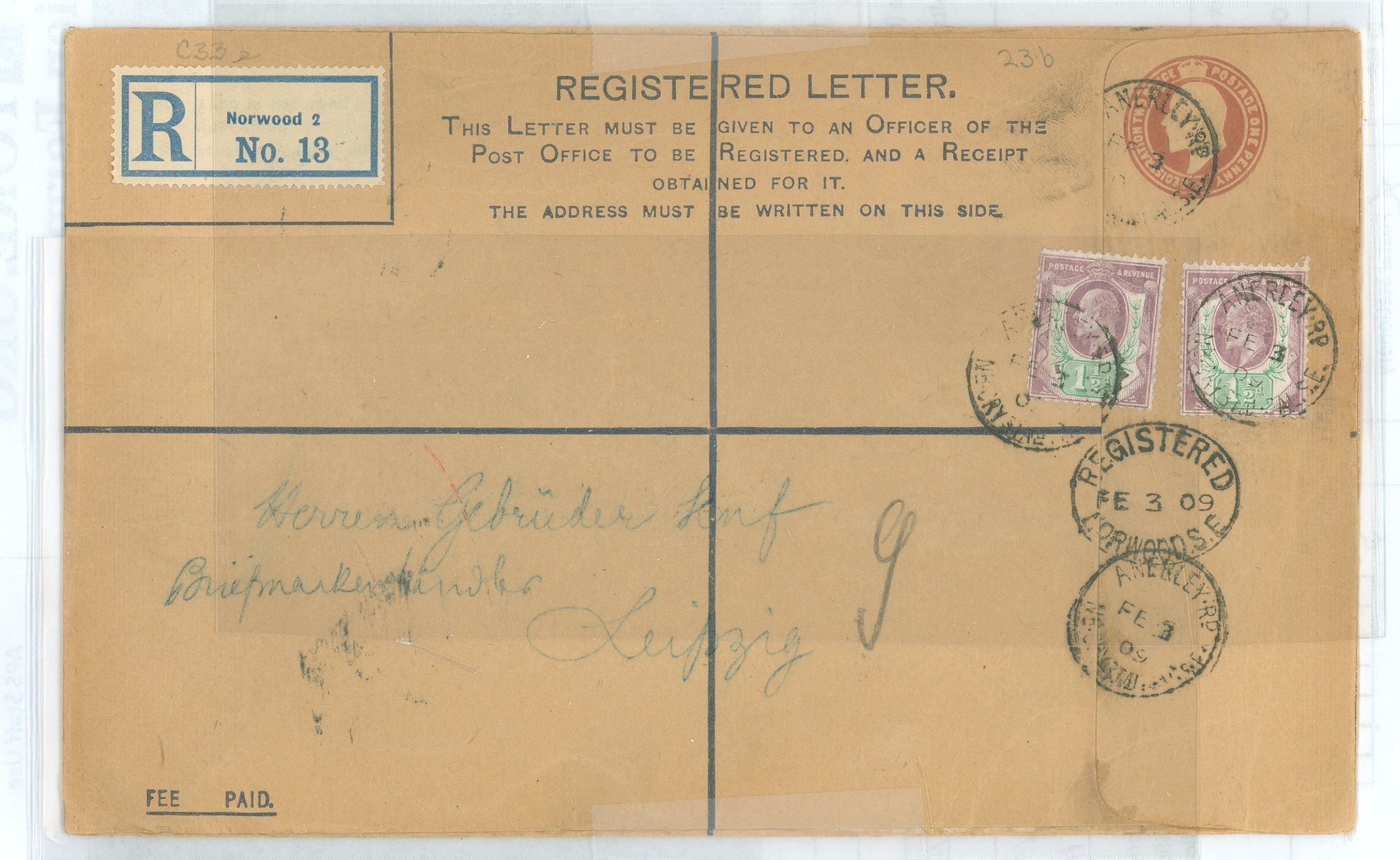 Great Britain 1909 2d + 1d registered envelope, size H; used to Germany ...