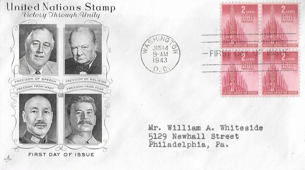 1943 FDC, #907, 2c Nations United, Artcraft, block of 4 | United States ...