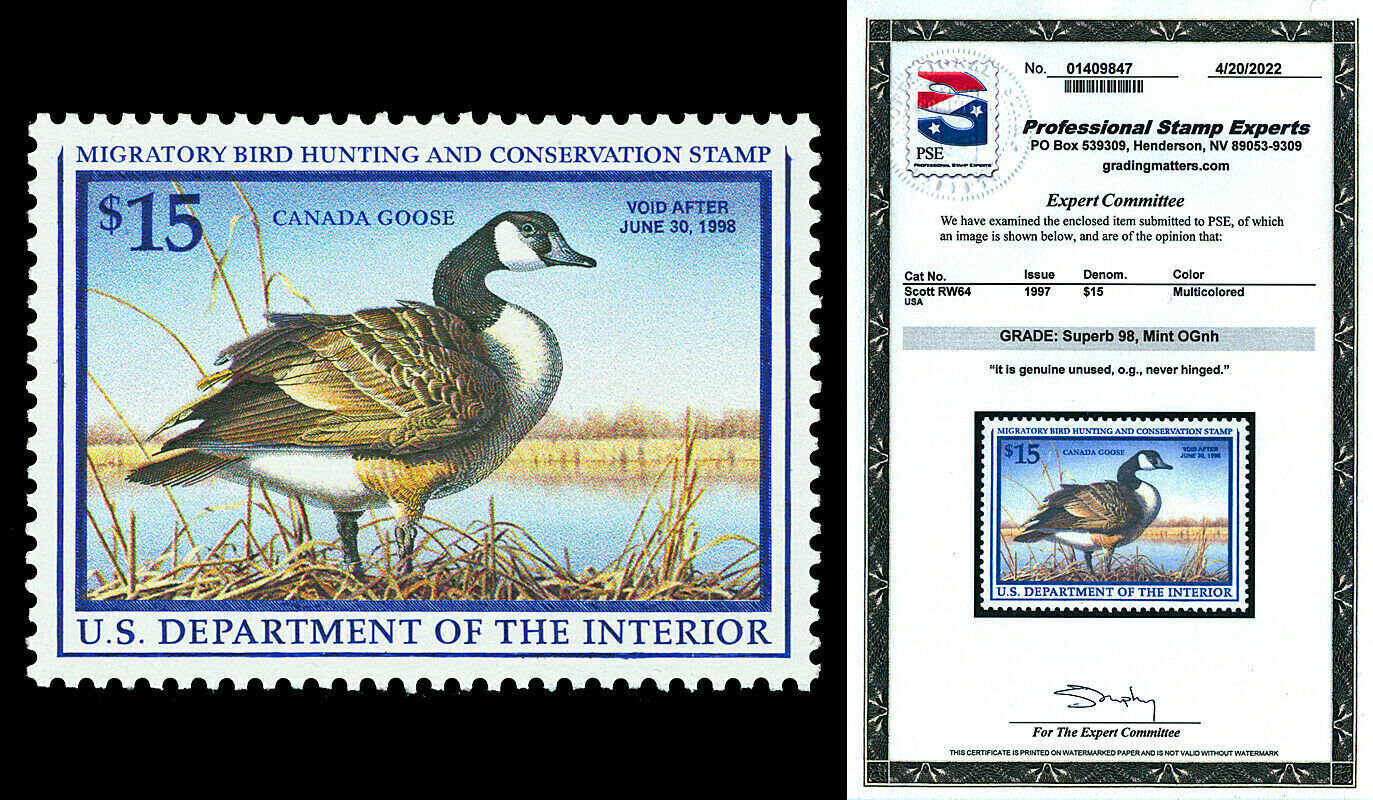 Scott RW64 1997 $15.00 Duck Stamp Mint Graded Superb 98 NH with PSE ...