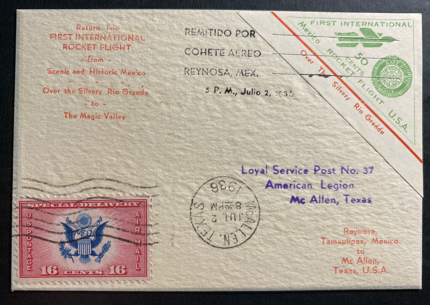 1936 Reynosa Mexico First Rocket Flight Airmail cover Over Silvery Rio ...