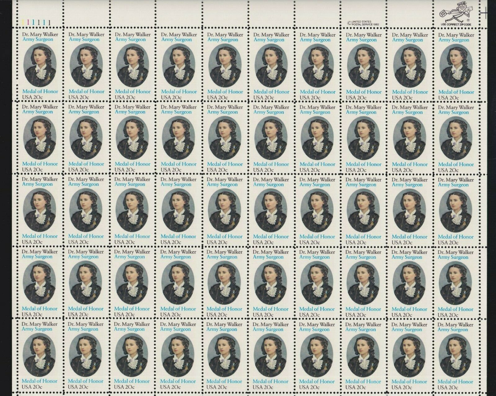 US 2013 20c Dr. Mary Walker Army Surgeon Mint Stamp Sheet OG NH ...