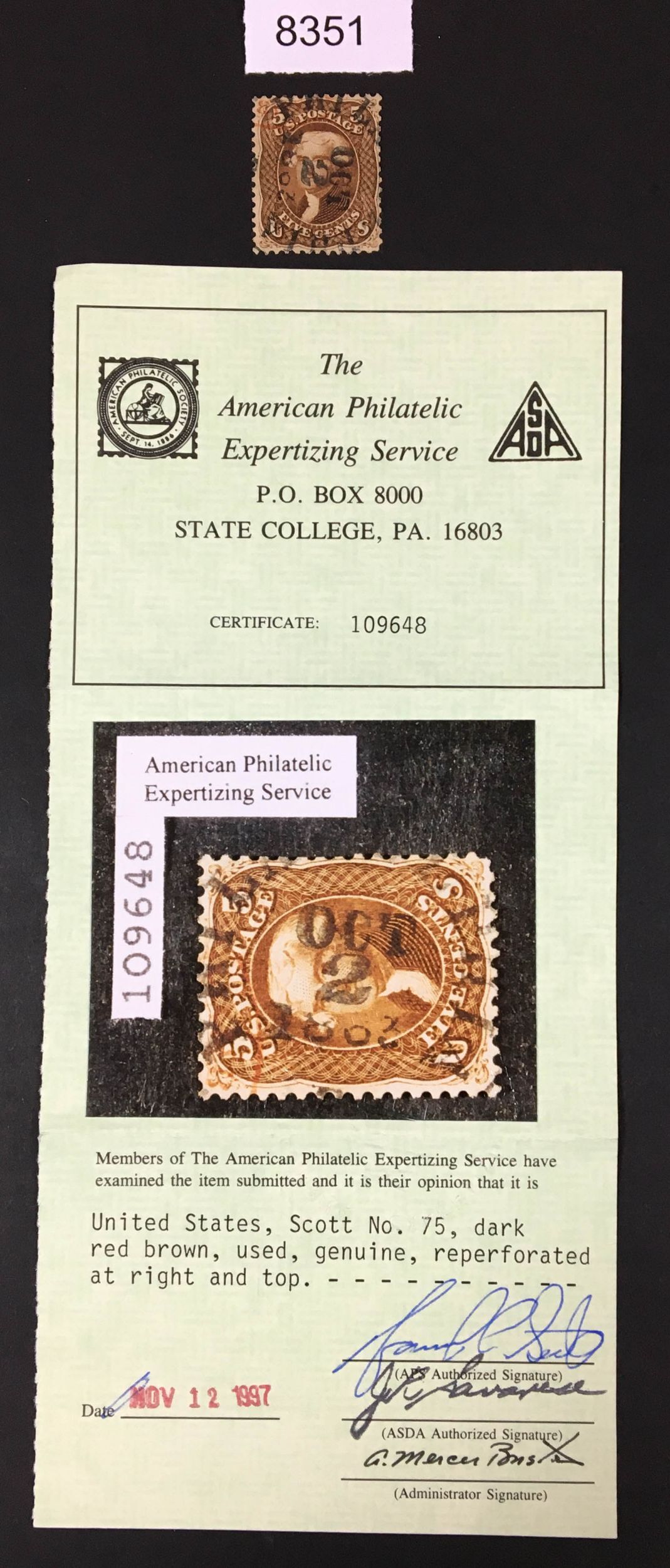 US Stamps # 75 Used $450 ***Aps Cert*** LOT #8351 | United States ...