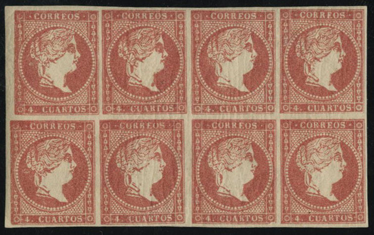 Spain #45, 1856 5c rose, block of eight, never hinged, one stamp with ...