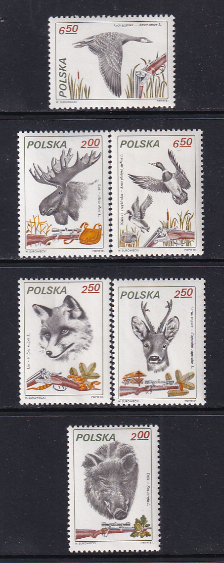 Poland 1981 Sc 2450-5 Moose Boar Fox Elk Goose Duck Rifle Pouch Stamp ...