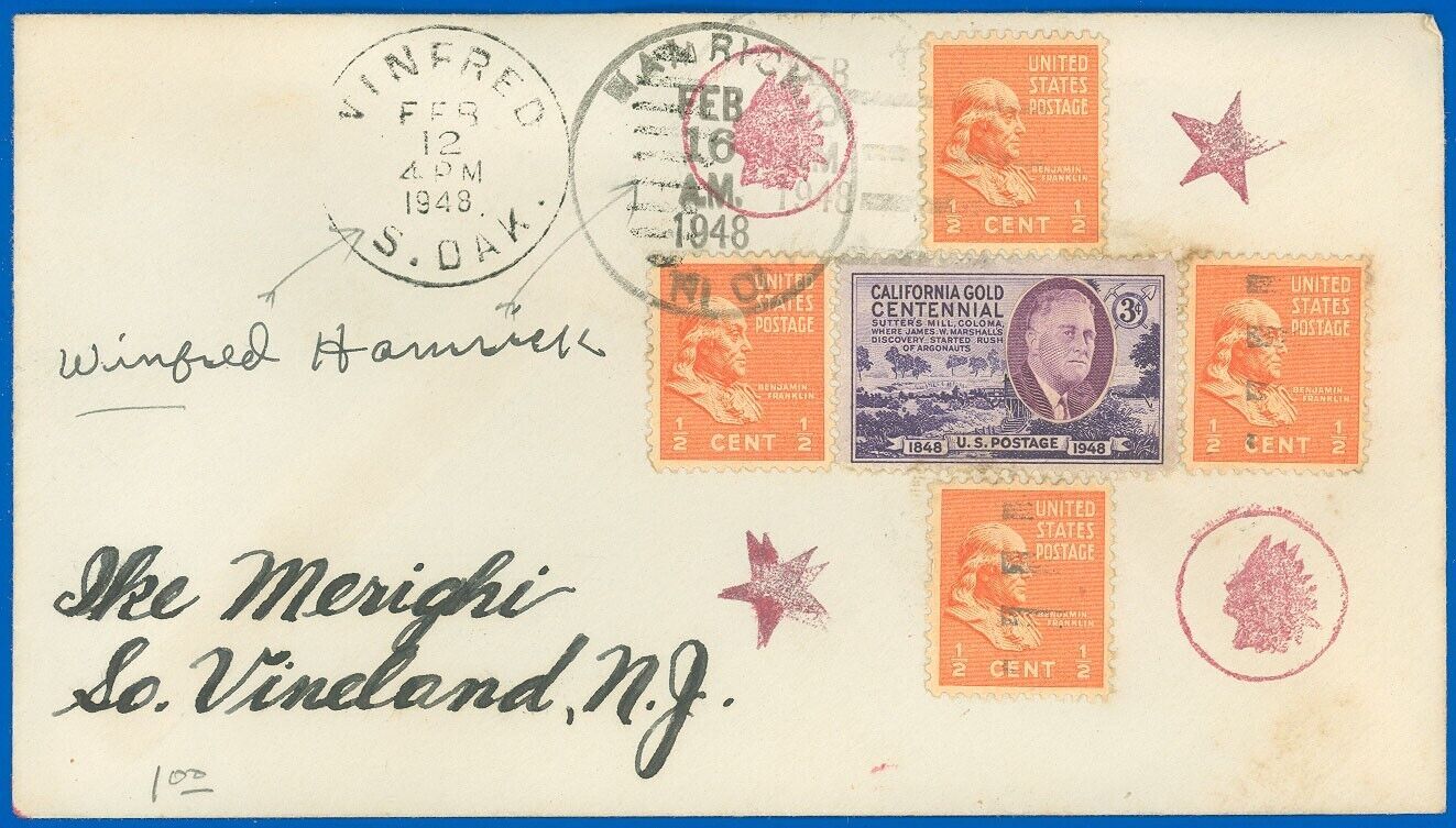 1948 Winfred S. DAK, Hamrick NC Magenta Indian Heads & Stars Fancy ...