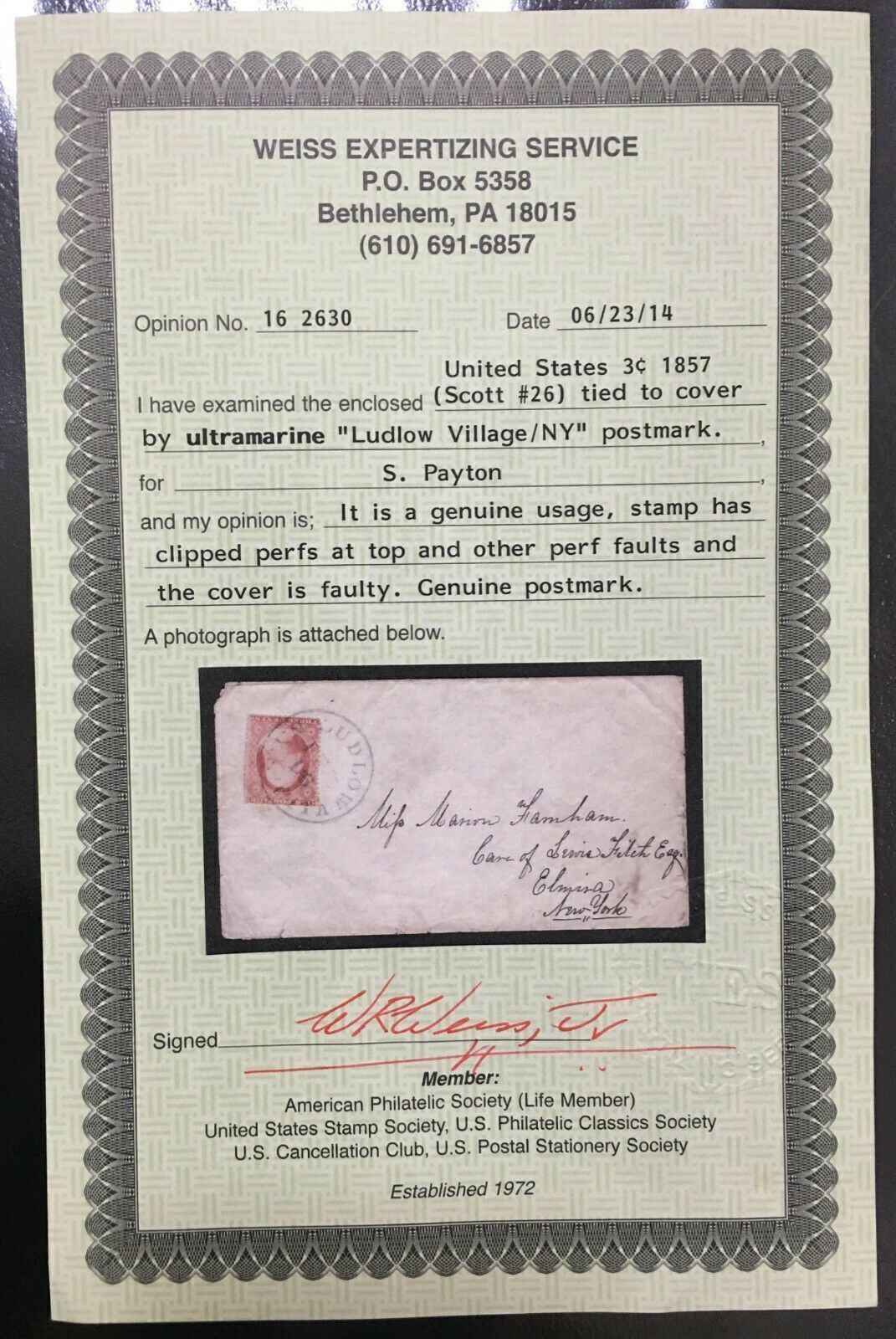 Scott #26 VF - 3c Dull Red- Ultramarine Cancel on Cover - Weiss cert ...