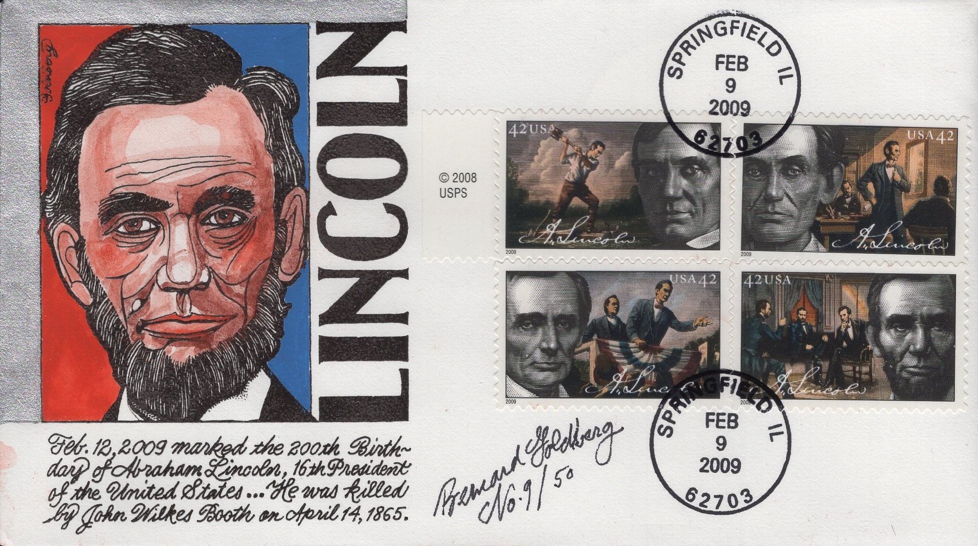 Bernard Goldberg Hand Painted FDC for the 2009 Abraham Lincoln Issue ...