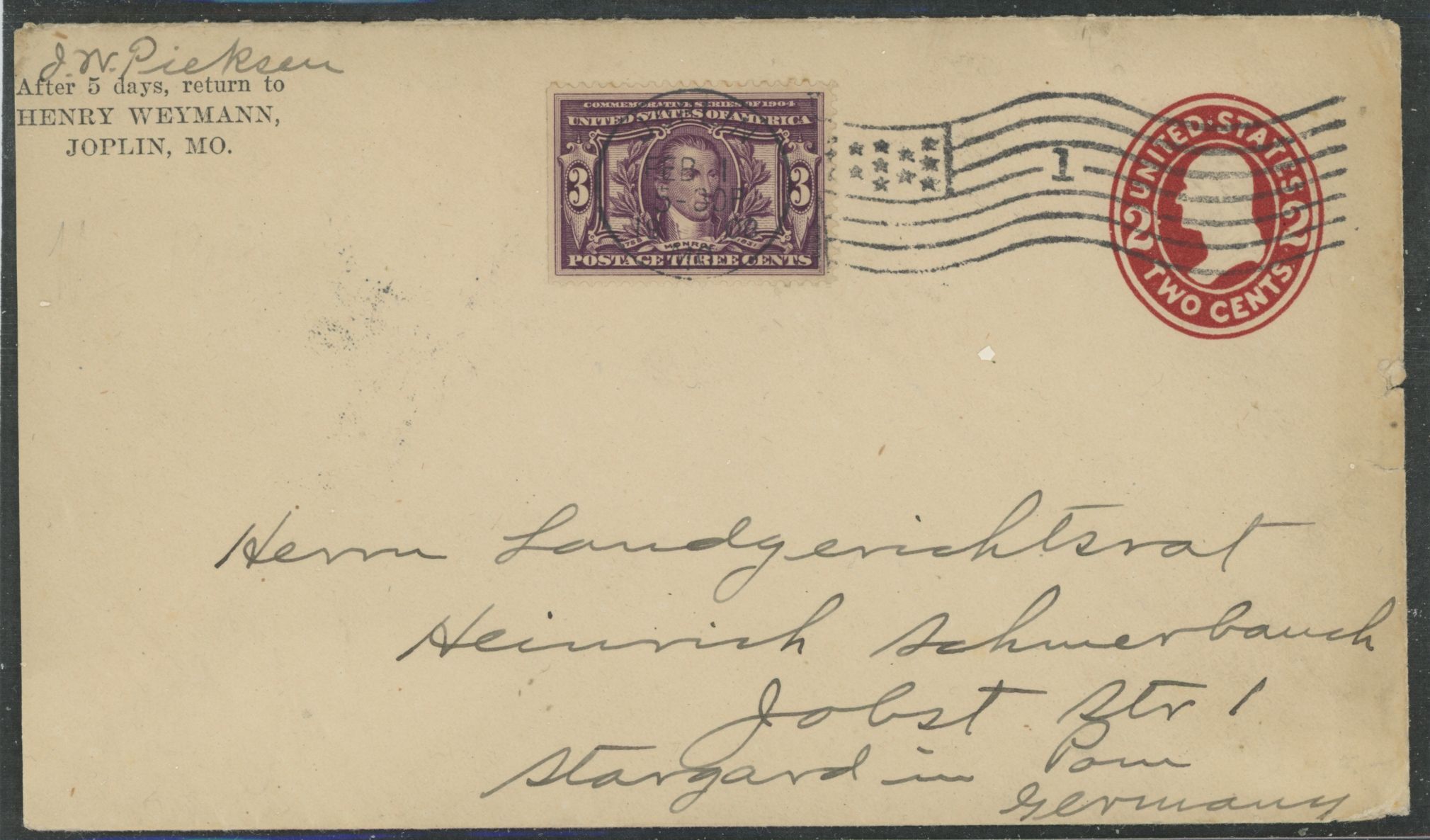 US 325 3c Louisiana Purchase (Monroe) upgrading a 2c pre-stamped ...