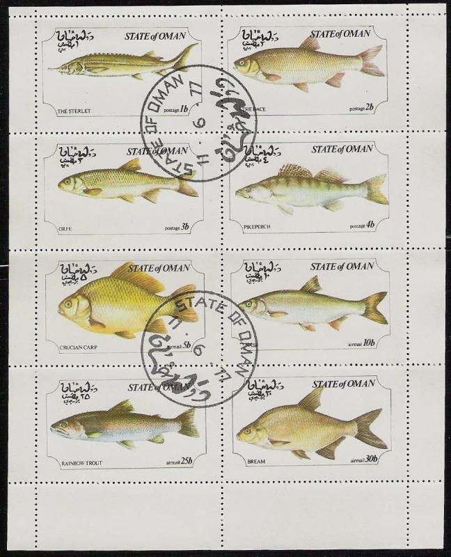 State of Oman sheet of 8 Fish Stamps,Trout, Bream, Dace, CTO Trucial ...