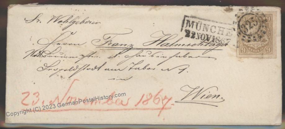 Bavaria 1867 Germany Kreuzer Imperf Mi17 EF Cover Vienna Austria Bayern ...