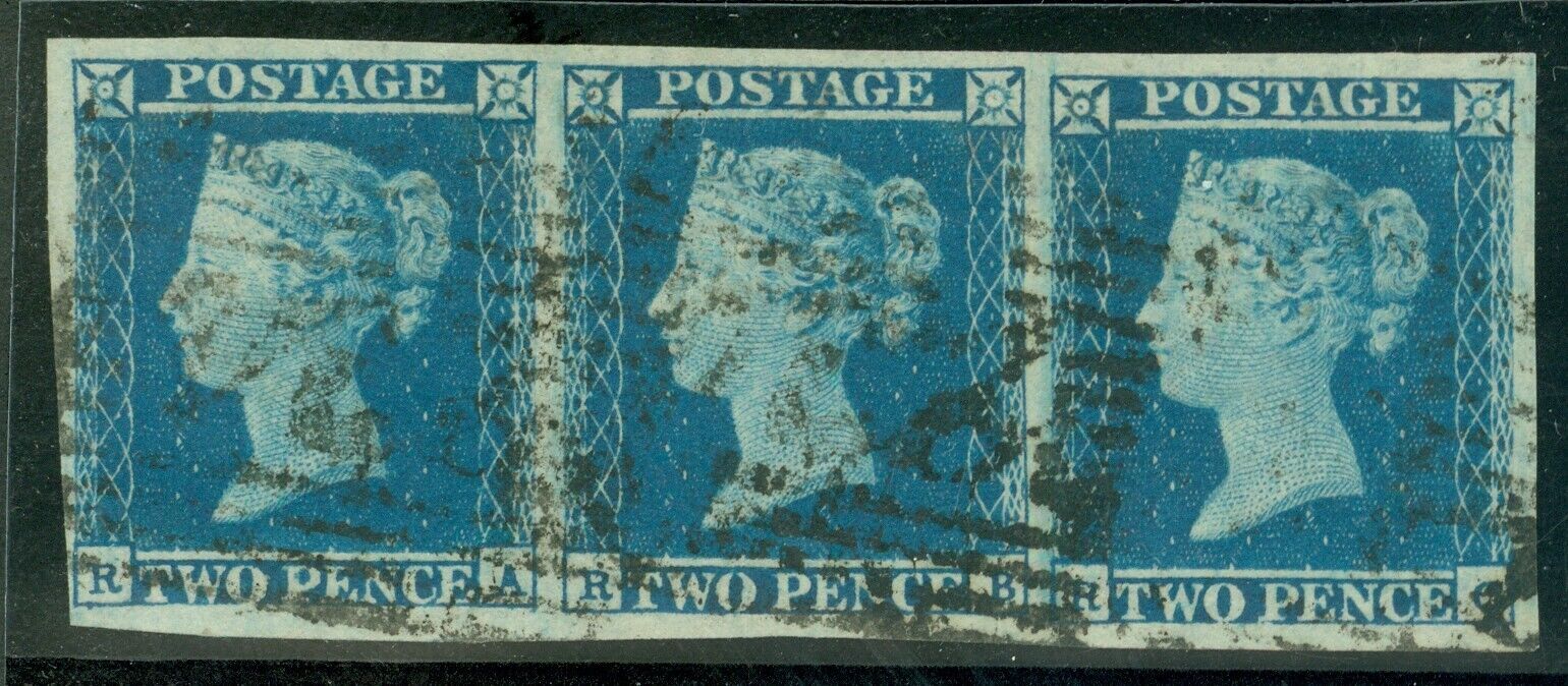 SG 14 1841 2d blue plate 4 horizontal strip of 3 lettered RA-RC. Fine ...
