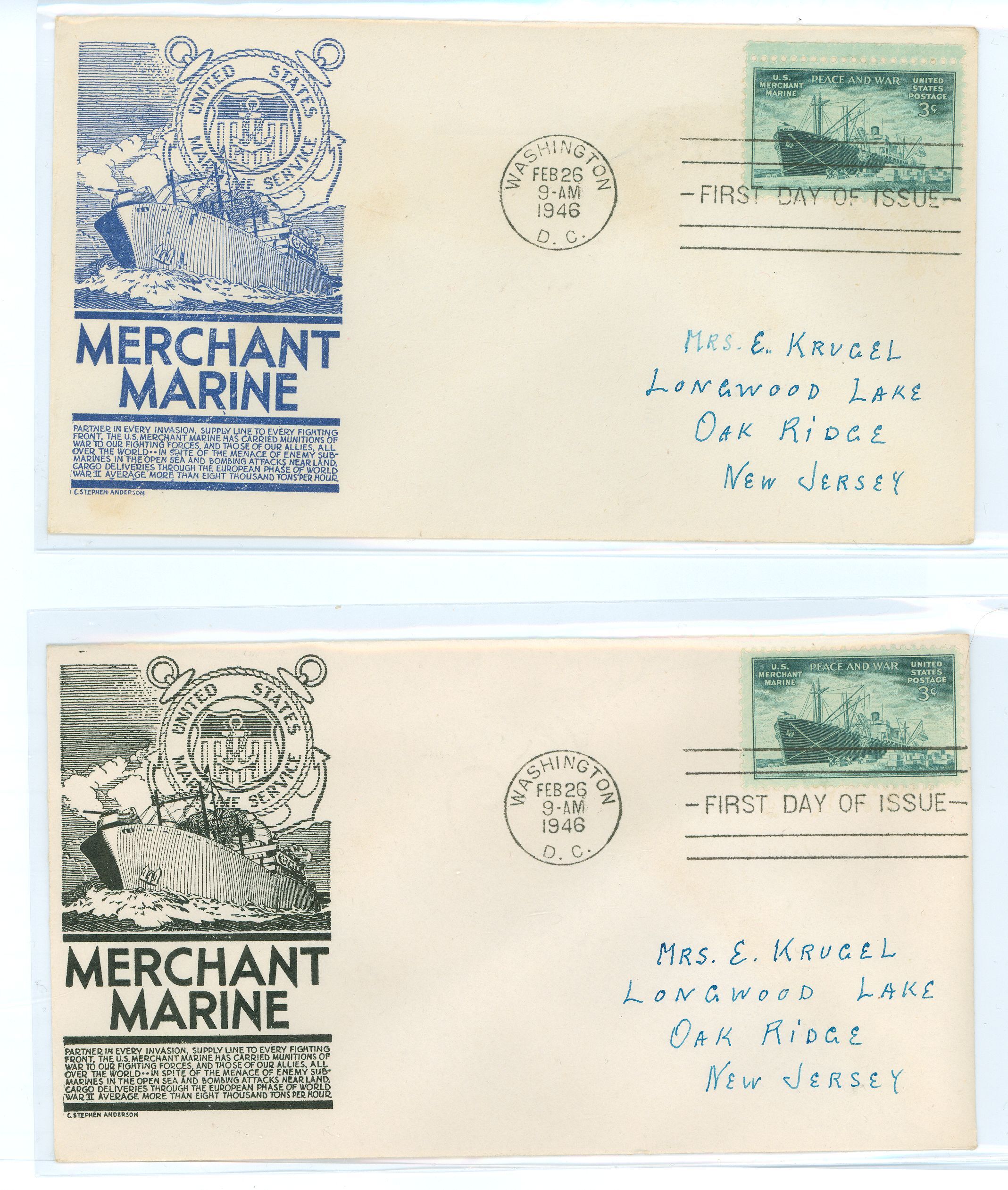 US 939 1946 3c Merchant Marine Commemorative (single) on two addressed ...