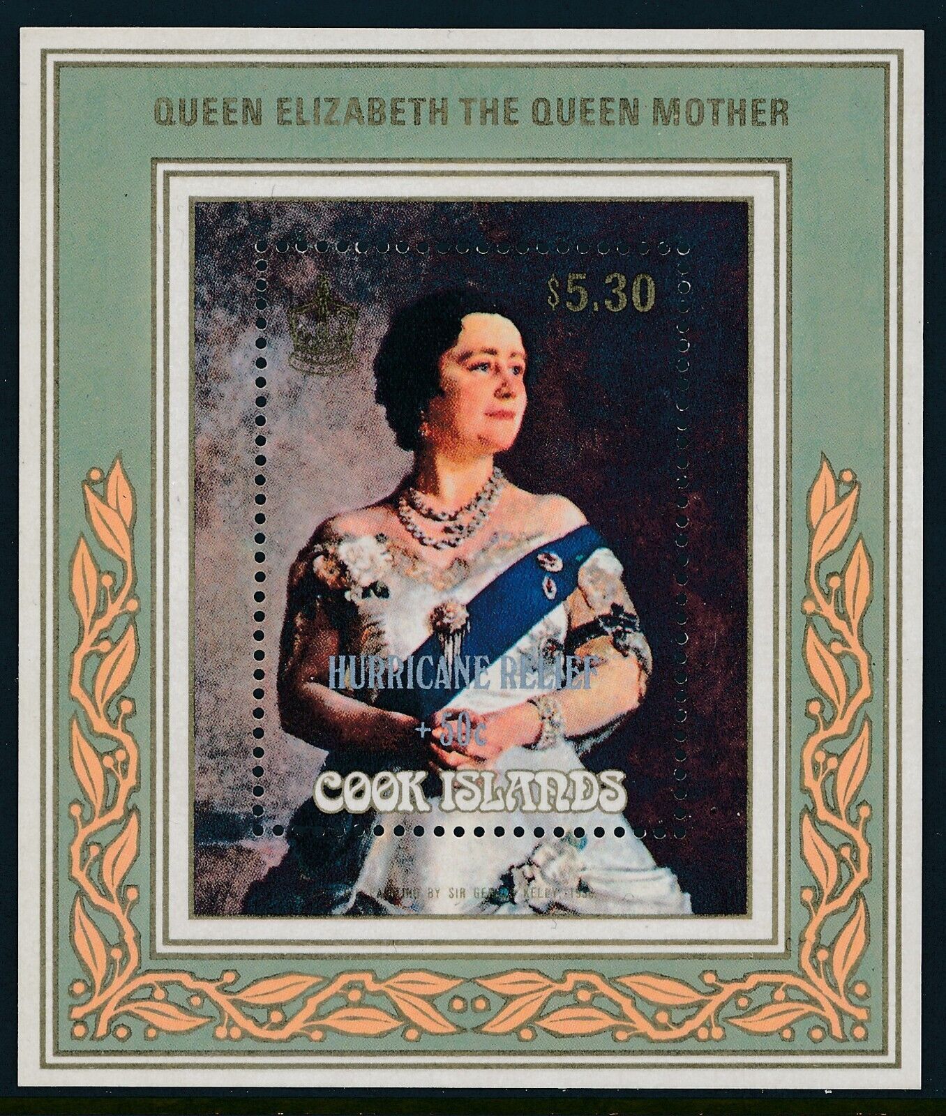 Cook Island 1987 Queen Mother w Ovpt Hurricane Relief+50c (4v+1Ms) MNH ...