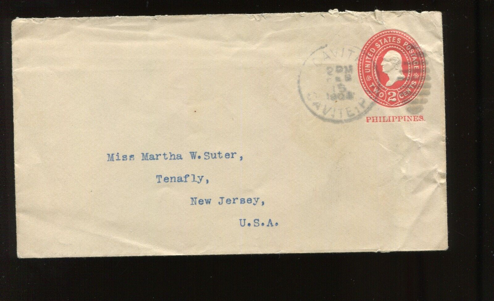 PHILIPPINES U8 1904 Entire Cavite PI to NJ USA with MANILA TRANSIT MARK ...