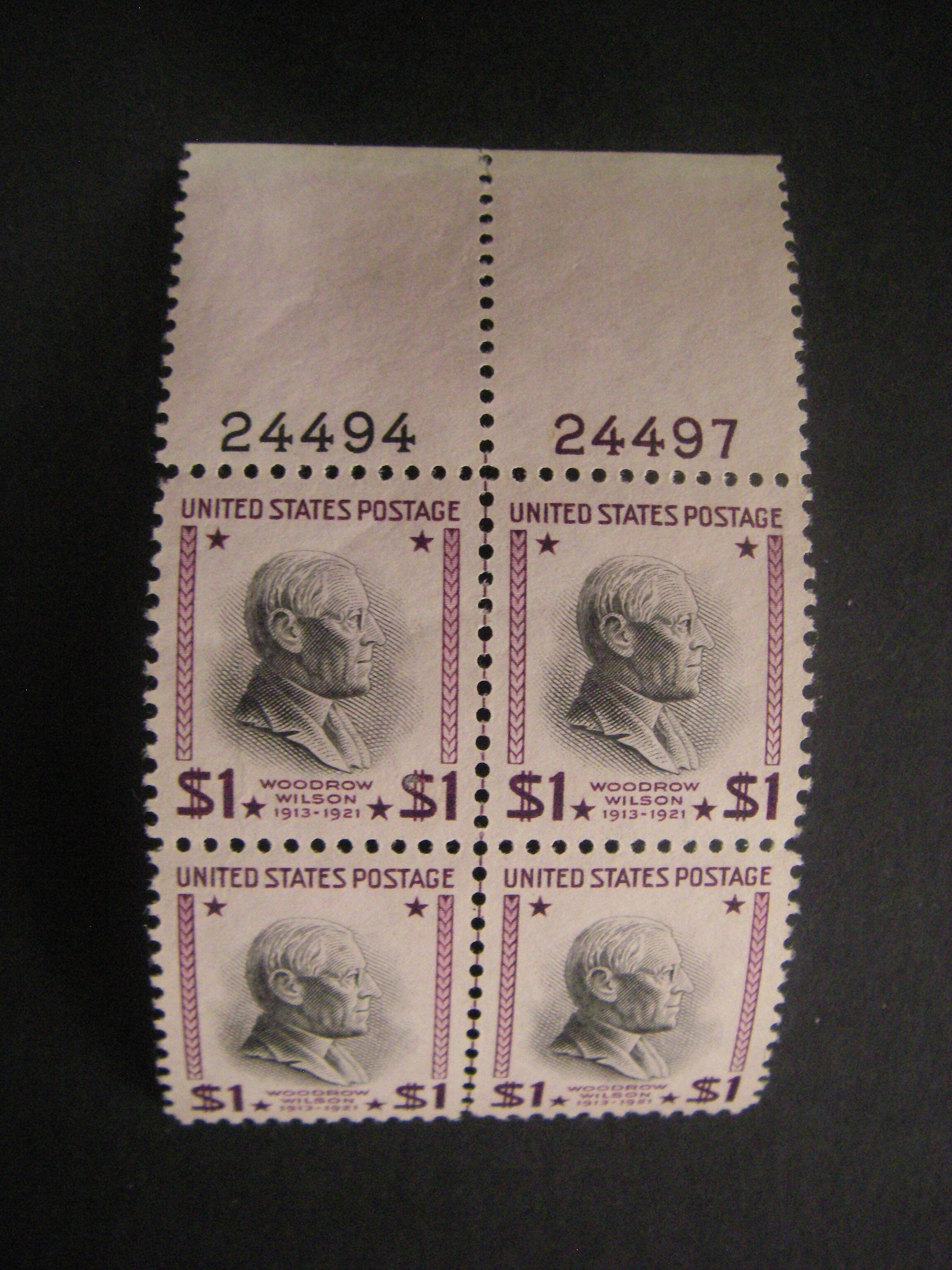 Scott 832, $1 Woodrow Wilson, PB4 #24494, 24477, no arrow, MNH Prexie ...