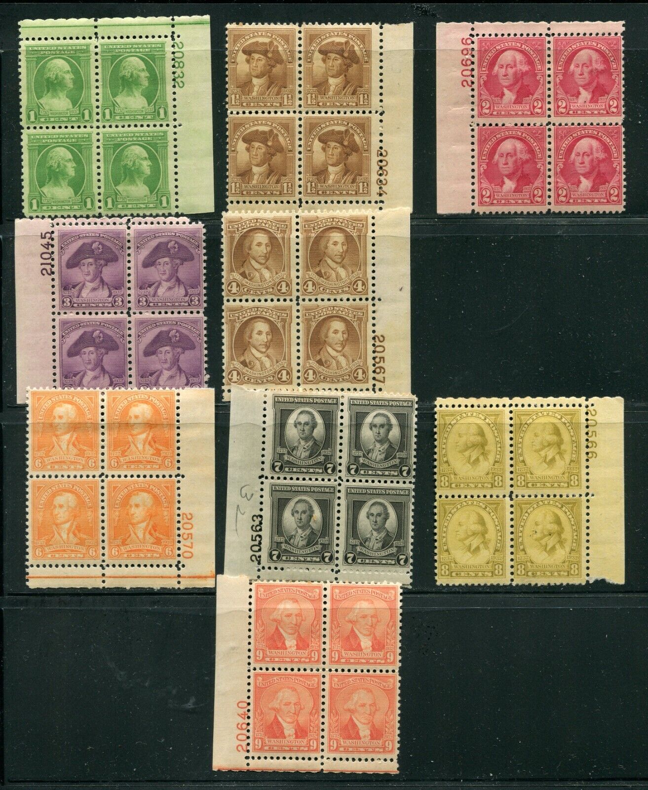 705-709, 711-714 Washington Bicentennial Hinged Stamp Plate Blocks 1932 ...