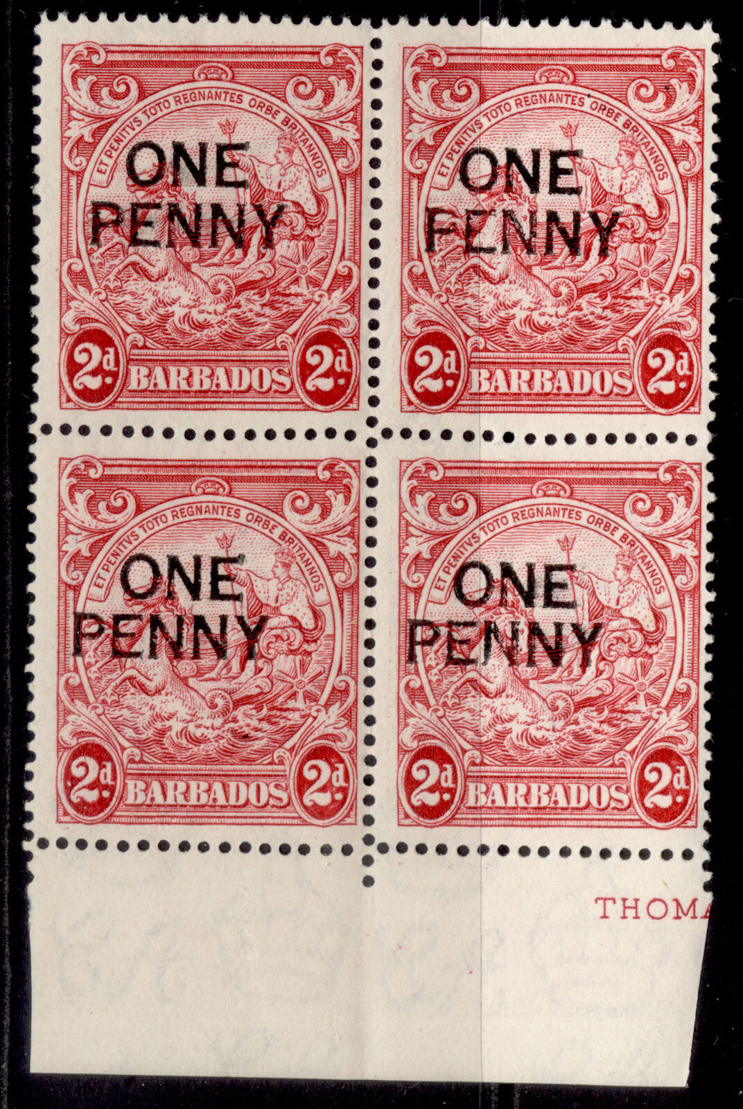 BARBADOS GVI SG264d, 1d on 2d carmine, NH MINT. Cat £70+ BROKEN E BLOCK ...