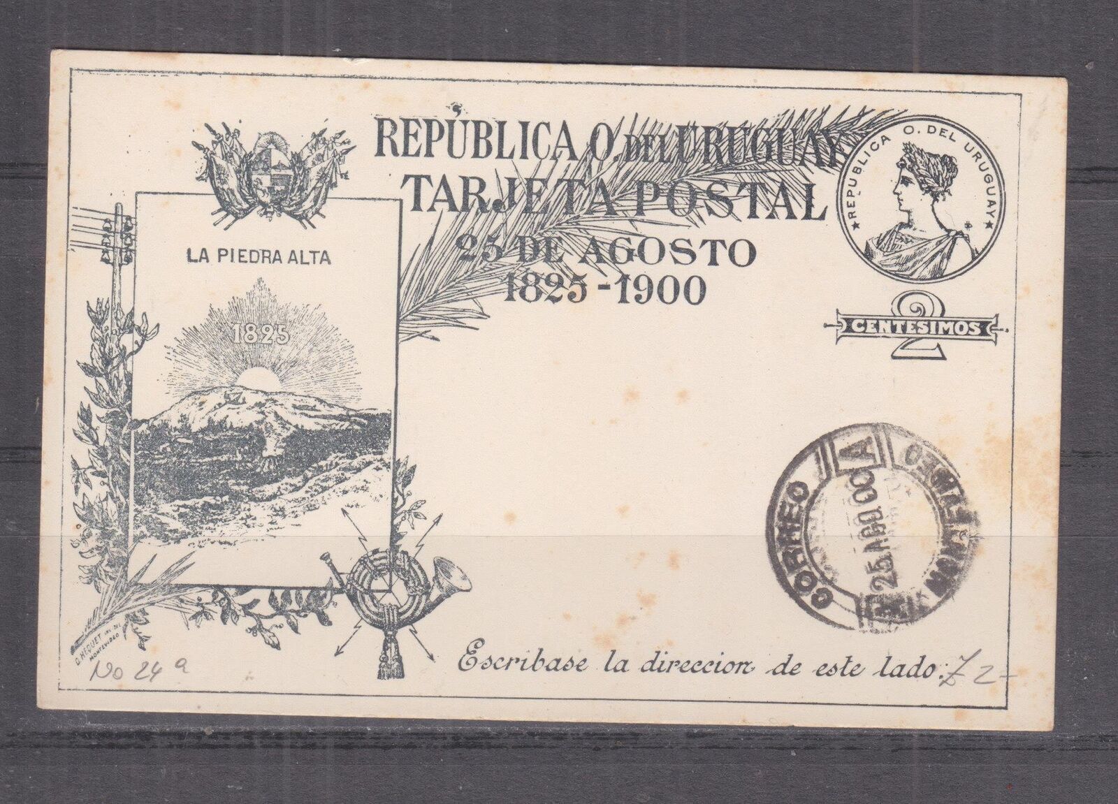 URUGUAY, POSTAL CARD, 1900 75th. Anniversary, PIEDRO ALTA, 2c. Black ...