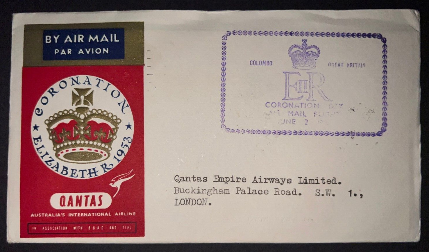 1953 Ceylon Colombo Cover QE2 Queen Elizabeth II Coronation Qantas ...