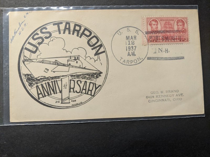 Submarine USS TARPON SS-175 Naval Cover 1937 HOLLIS ANNIVERSARY Cachet ...
