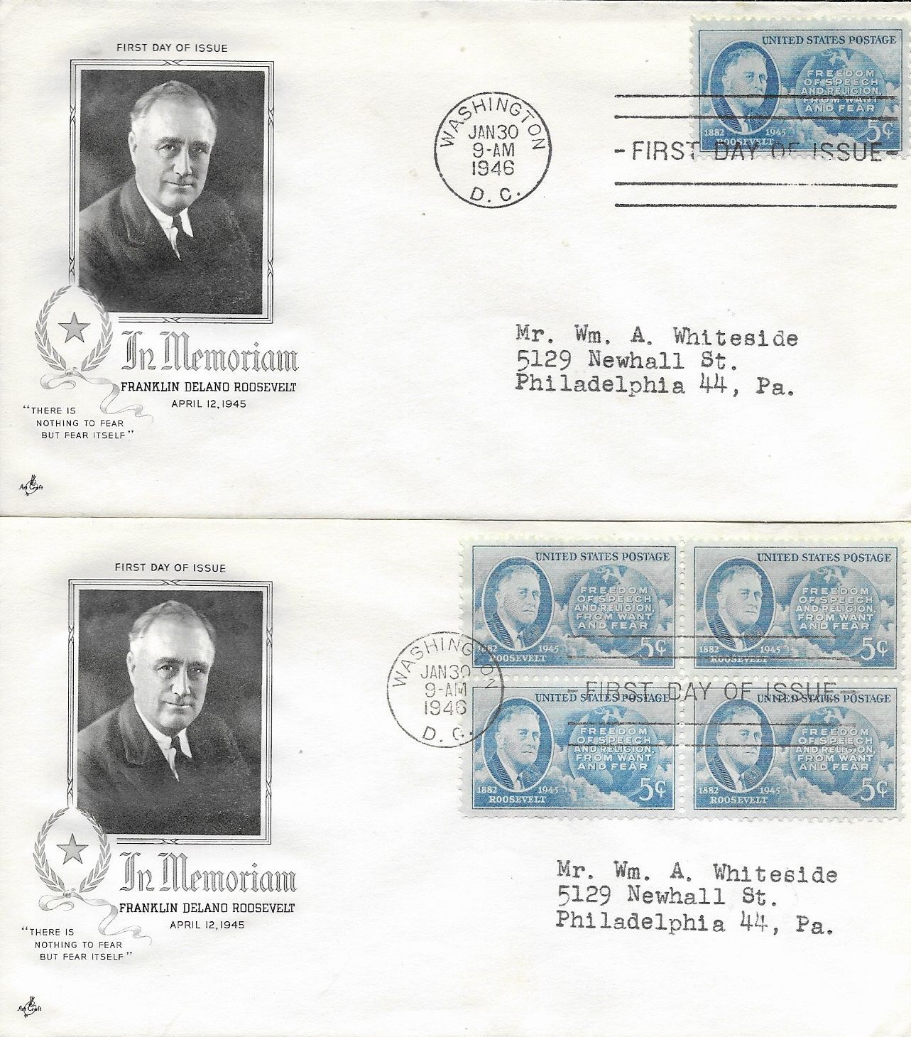 1946 FDC, #933, 5c Franklin D. Roosevelt, Art Craft, single/block of 4 ...