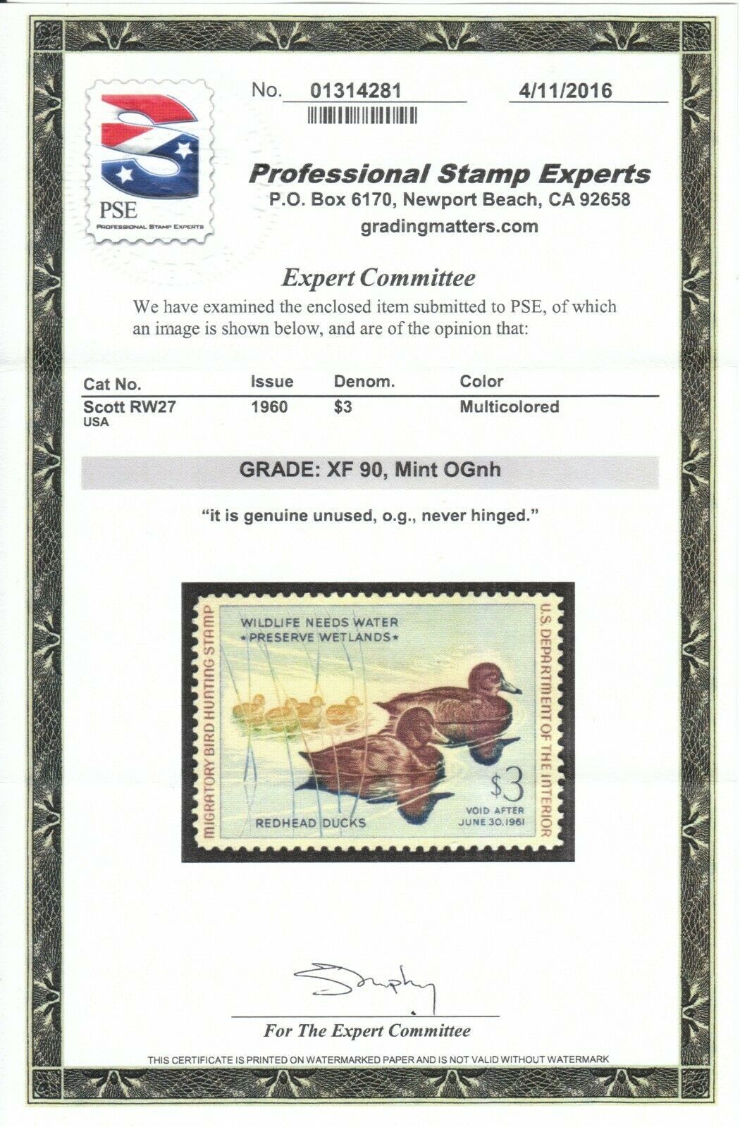 MOstamps - US #RW27 Mint OG NH Grade XF 90 with PSE Cert -Lot # MO-2277 ...