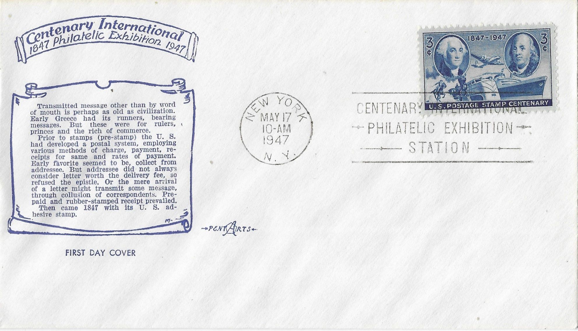 1947 FDC, #947, 3c Stamp Centenary, Pent Arts M-31 | United States ...