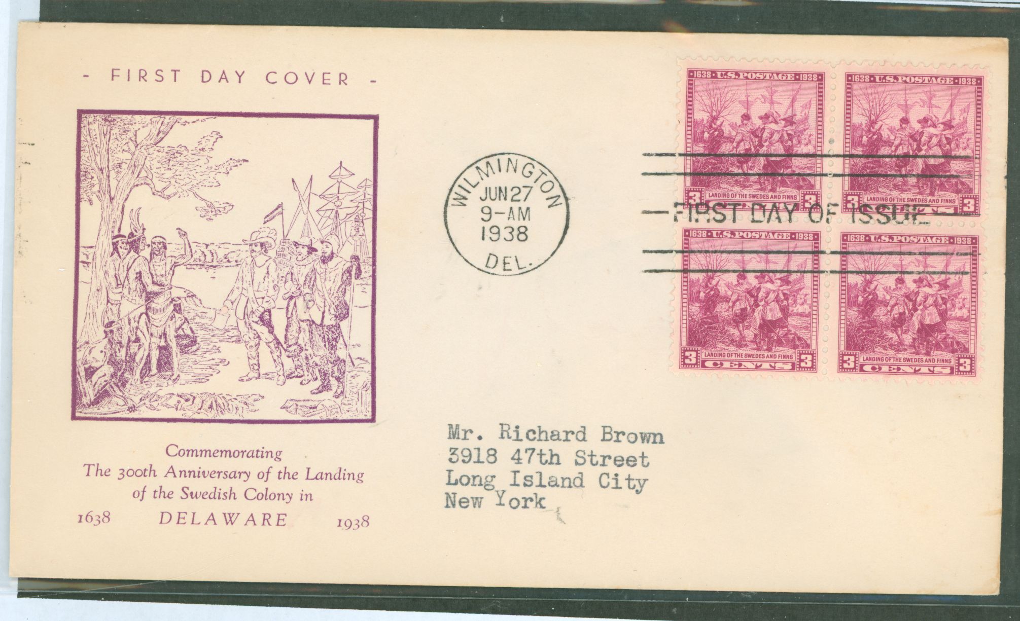 US 836 1938 3c Delaware/300th anniversary of the landing of the swedes ...