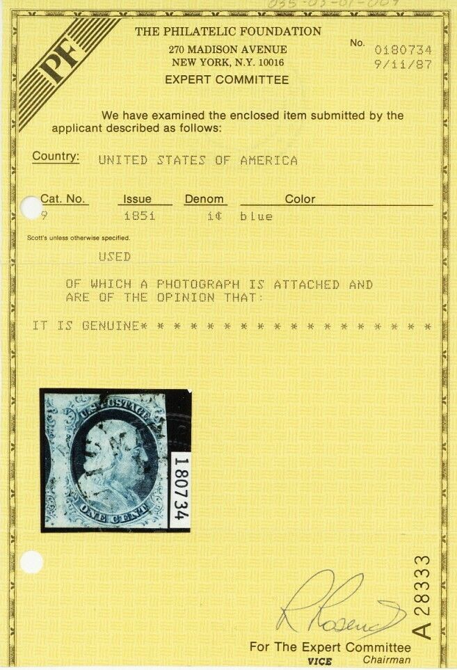 9, Used 1¢ XF With Nice Margins All Around PFC Certificate - Stuart ...