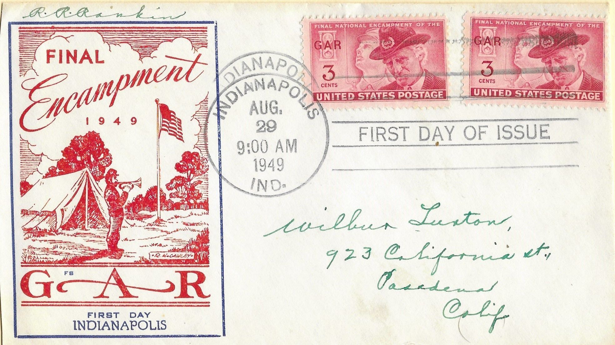 1949 FDC, #985, 3c Grand Army of the Republic, McCawley, 2 singles ...