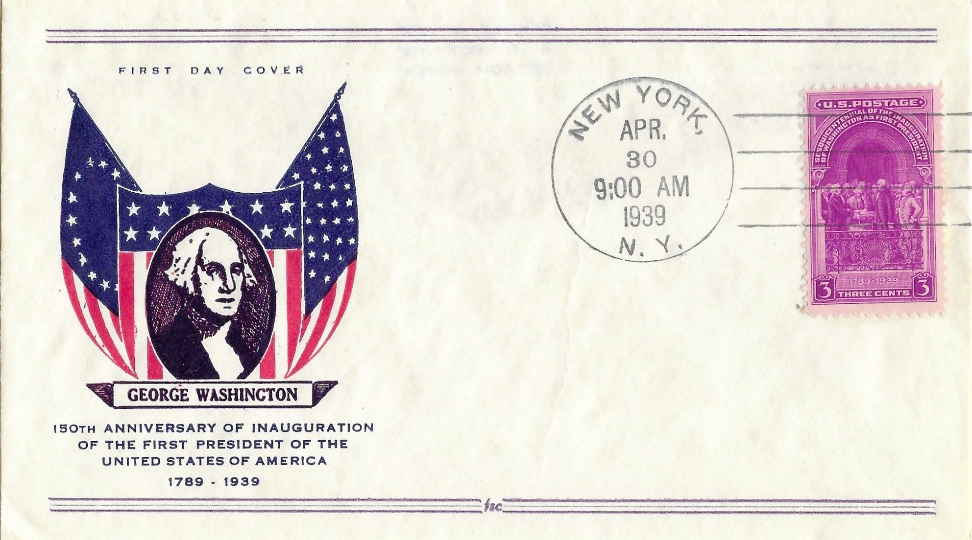 1939 FDC, #854, 3c Inauguration of Washington, Fidelity | United States ...