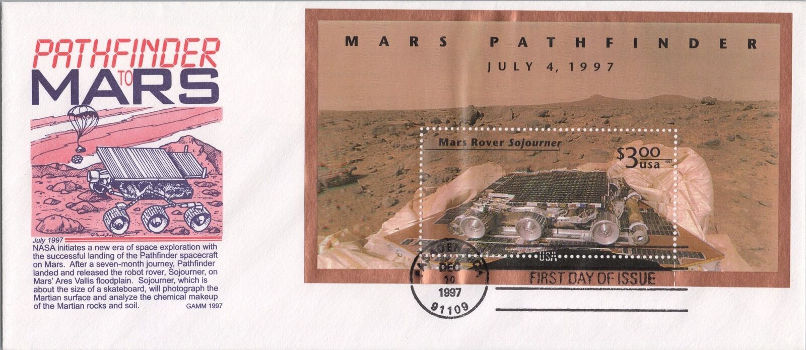 ZAYIX US 3178 FDC GAMM cachet - $3 Mars Pathfinder Souvenir Sheet ...