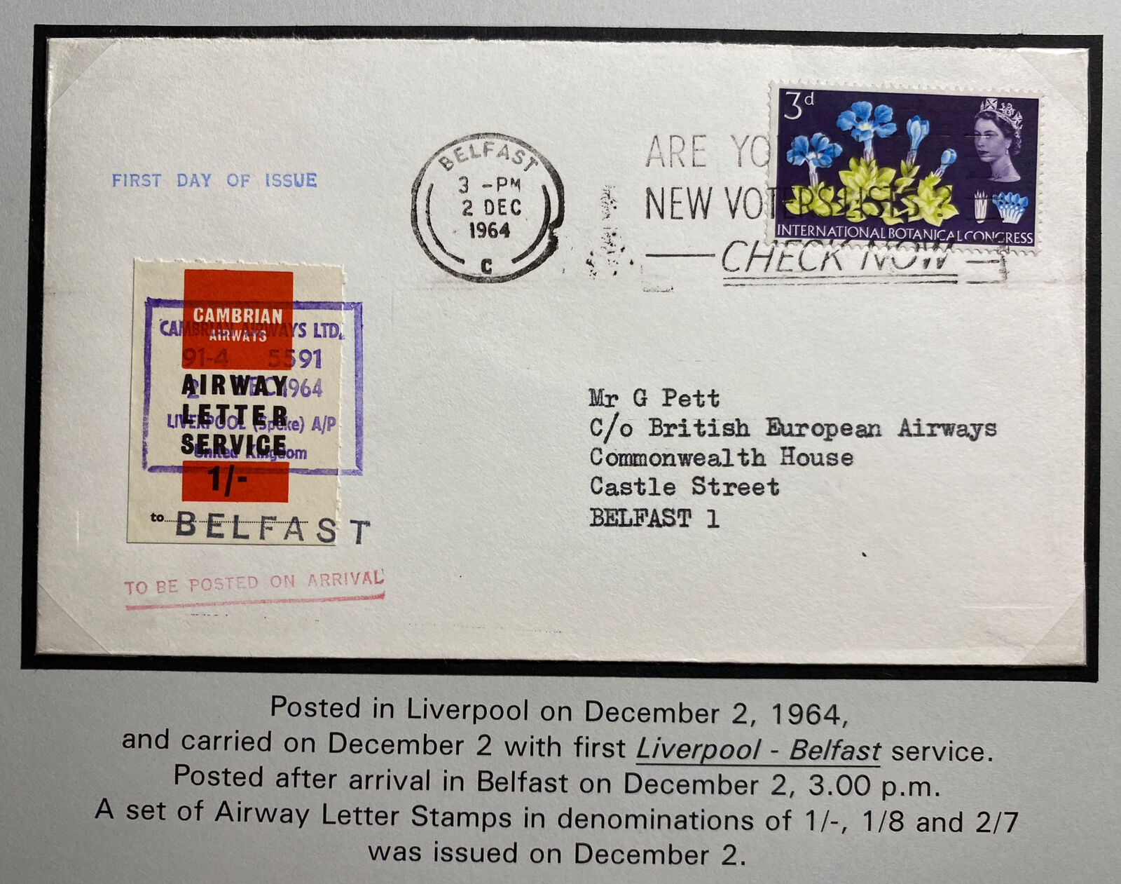 1964 Belfast England First Day Cover Cambrian Airway Letter Service ...